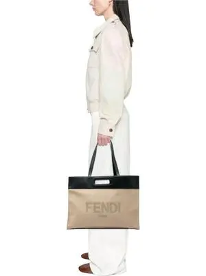 FENDI Fendi Canvas Logo Cut Out Handle Shopper Tote