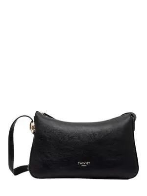 TWINSET Logo Plaque Leather Shoulder Bag - Black