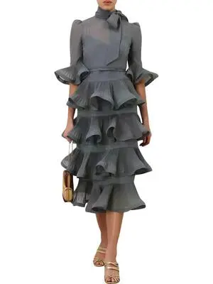 Zimmermann Zimmermann Pleated Ruffled Midi Dress Grey