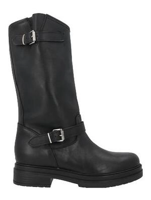 DIVINE FOLLIE Leather Buckled Round Toe Block Heel Boots - Black