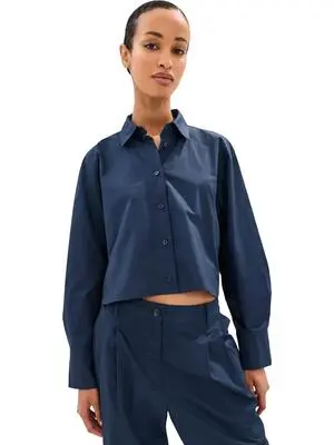 LE BOP Felicity Boxy Cropped Poplin Button-down Shirt - Navy