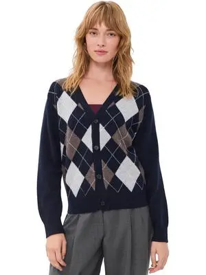 DUNST V-neck Argyle Cardigan - Navy