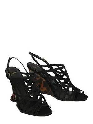 Balmain Black Goatskin Wedge Cage Sandals With Tortoiseshell Heel - Multicolor