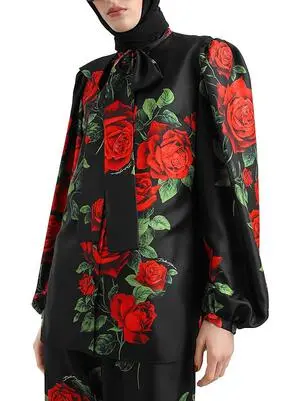 Dolce & Gabbana Rose Printed Silk Tie Neck Blouse - Multicolor