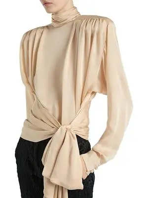 Balmain Silk Chiffon Blouse With Padded Shoulders And Tie Detail - Beige