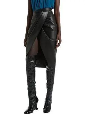 Balmain Draped Lambskin Midi Skirt - Black