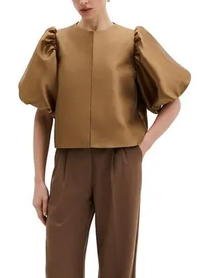 MALINA Cleo Puff Sleeve Satin Blouse - Camel