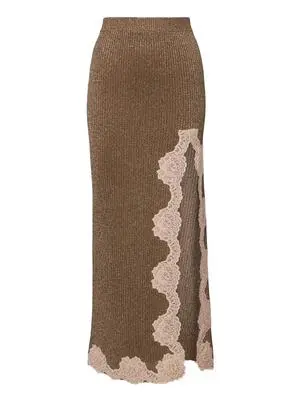 Valentino Garavani Lace-trimmed Ribbed-knit Lamé Midi Skirt - Gold