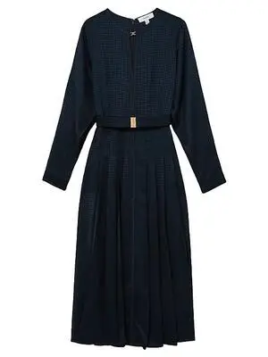 REISS Kea Houndstooth Check Long Sleeve Shirt Dress - Navy