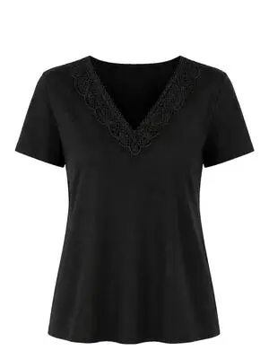 MOLLY BRACKEN MOLLY BRACKEN Lace Trim V-Neck T-Shirt Black
