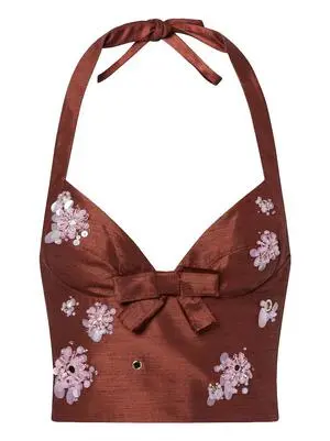 SHUSHU/TONG Embellished Halterneck Crop Top - Brown