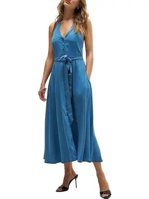 LEEM Belted Button Front Midi Dress - Chambray