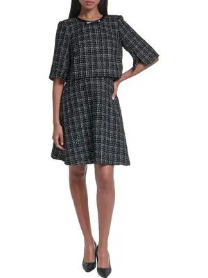 Karl Lagerfeld Paris Sequin Plaid Tweed Dress With Bow Detail - Black/gold Multi