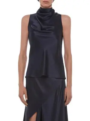 Helmut Lang Silk Satin Draped Tank - Navy