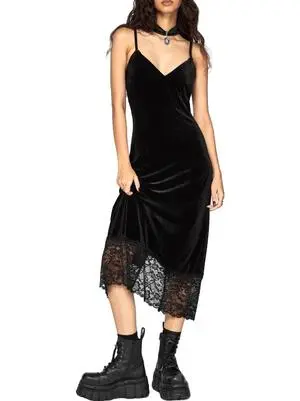 DISTURBIA Cathy Velour Lace Hem Cami Midi Dress - Black