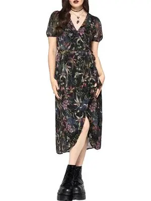 DISTURBIA Elide Orchid Wrap Midi Dress - Black
