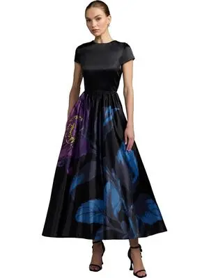 Mac Duggal Satin Cap Sleeve A-line Dress With Floral Print - Black Multi