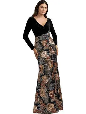 Mac Duggal Long Sleeve Velvet Gown - Black Multi