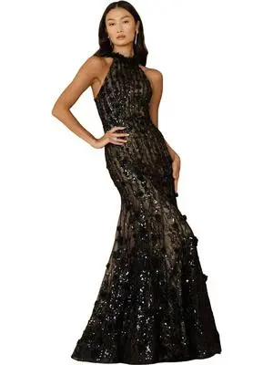 MAC DUGGAL COLLECTION Embellished Lace Halter Neck Mermaid Gown - Black