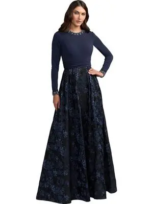 Mac Duggal Navy Floral Brocade A-line Gown With Pockets - Midnight