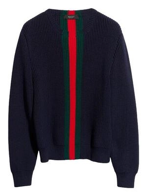 Gucci Fine Rib Wool Sweater With Web Detail - Blue