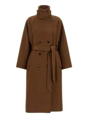 Alberto Biani Double-breasted Belted Coat In Virgin Wool - Brown