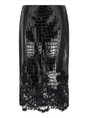 ERMANNO SCERVINO Ermanno Scervino Croc-Embossed Leather Midi Skirt With Lace Trim