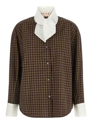 Marni Marni Checkered Shirt With Contrasting Scarf Collar And Cufflinks Brown