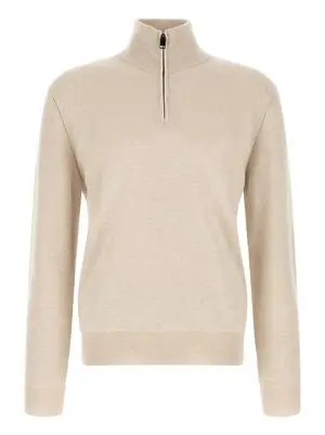 Brioni Brioni High Neck Half Zip Ribbed Sweater Beige