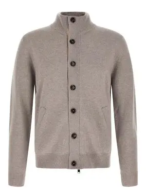 Brioni Cashmere Ribbed Collar Cardigan - Beige