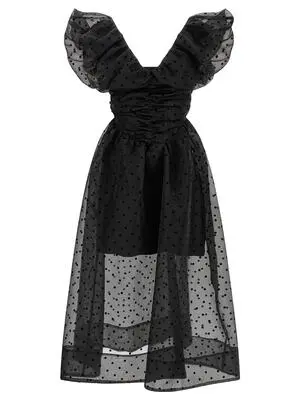 GANNI Organza Ruched Midi Dress - Black