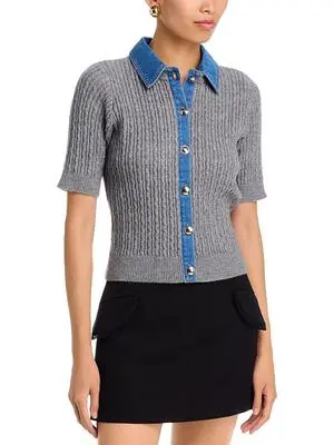 Aqua Rosie Contrast Cable Knit Cardigan - Heather Grey