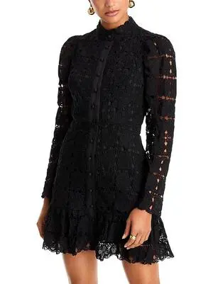 Aqua Floral Lace Mock Neck Long Sleeve Mini Dress - Black
