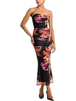 Aqua Placed Floral Mesh Strapless Maxi Dress - Black Multi
