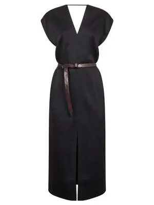 Brunello Cucinelli Belted V-neck Maxi Dress With Slit - Black