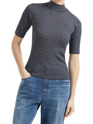 Brunello Cucinelli Striped High Neck Lightweight Sweater - Black