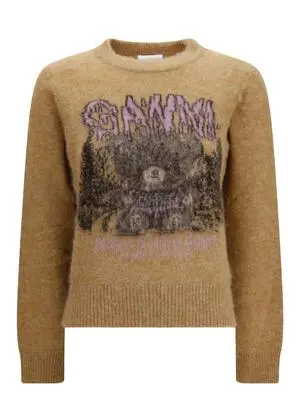 GANNI Ganni Graphic Intarsia Crew Neck Sweater Beige