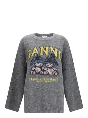 GANNI Have A Nice Day" Graphic Knit Sweater - Grey
