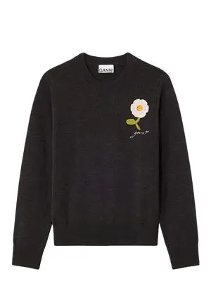 GANNI Jumper With Crochet Flower Detail - Phantom Black