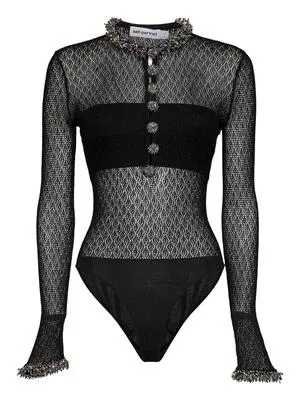 SELF-PORTRAIT Diamond Pattern Sheer Lace Bodysuit With Beaded Trims - Black