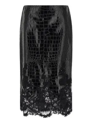 Ermanno Scervino Croc-embossed Midi Skirt With Lace Hem - Black