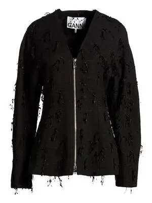 GANNI Textured Fringe Zip-up Jacket - Black