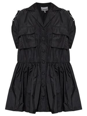 GANNI Nylon Pleated Mini Dress - Black