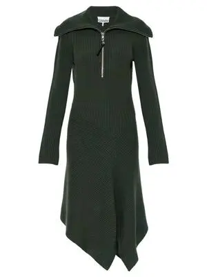 GANNI Ribbed Knit Midi Dress With High Neck And Zip Detail - Green