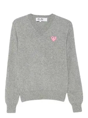 Play Comme Des Garcon V-neck Sweater With Heart Patch - Grey