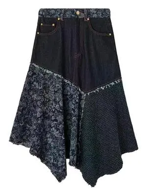 GANNI Ganni Patchwork Frayed-Edge Denim Skirt