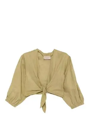 ADRIANA DEGREAS Adriana Degreas Front-Tie Balloon-Sleeve Cropped Top Neutrals