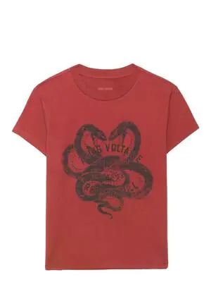 Zadig&Voltaire ZADIG&VOLTAIRE Cotton Snake Print Rhinestone Embellished T-shirt Red