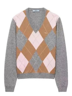 Prada Prada Argyle Cashmere V-Neck Sweater Grey
