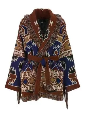 Alanui The Amazing Journey Jacquard Cardigan-coat With Fringe Trim - Brown
